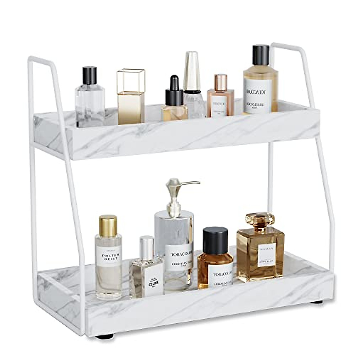 ZGO 2-Tier Bathroom Organizer Countertop, Marble Faux Leather Bathroom Counter Organizer, Makeup Organizer for Vanity Organizers and Storage, Kitchen Storage Bathroom Trays for Counter(White Marble)