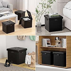 ENGPOW Storage Ottoman,Fireproof ＆ Waterproof Folding Ottoman Cube Storage Stool with Lock,Leather Square Ottoman Storage Chest Safe for Living Room, Bedroom, Home Office,Dorm,15"x15"x15",Black