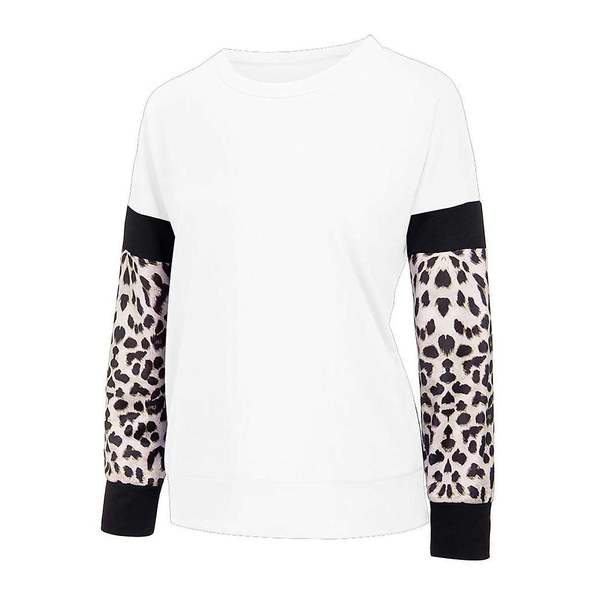 Women's Leopard Blouse Patchwork T-Shirt Autumn Pullover Casual Tunic Long Sleeve Tops (White,M)