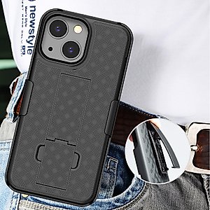 HIDAHE Holster Case Compatible with iPhone 13 Mini 5.4'', Combo Shell & Holster Slim Shell Case for Men with Built-in Kickstand + Swivel Belt Clip Holster for Apple iPhone 13 Mini 2021 ONLY, Black