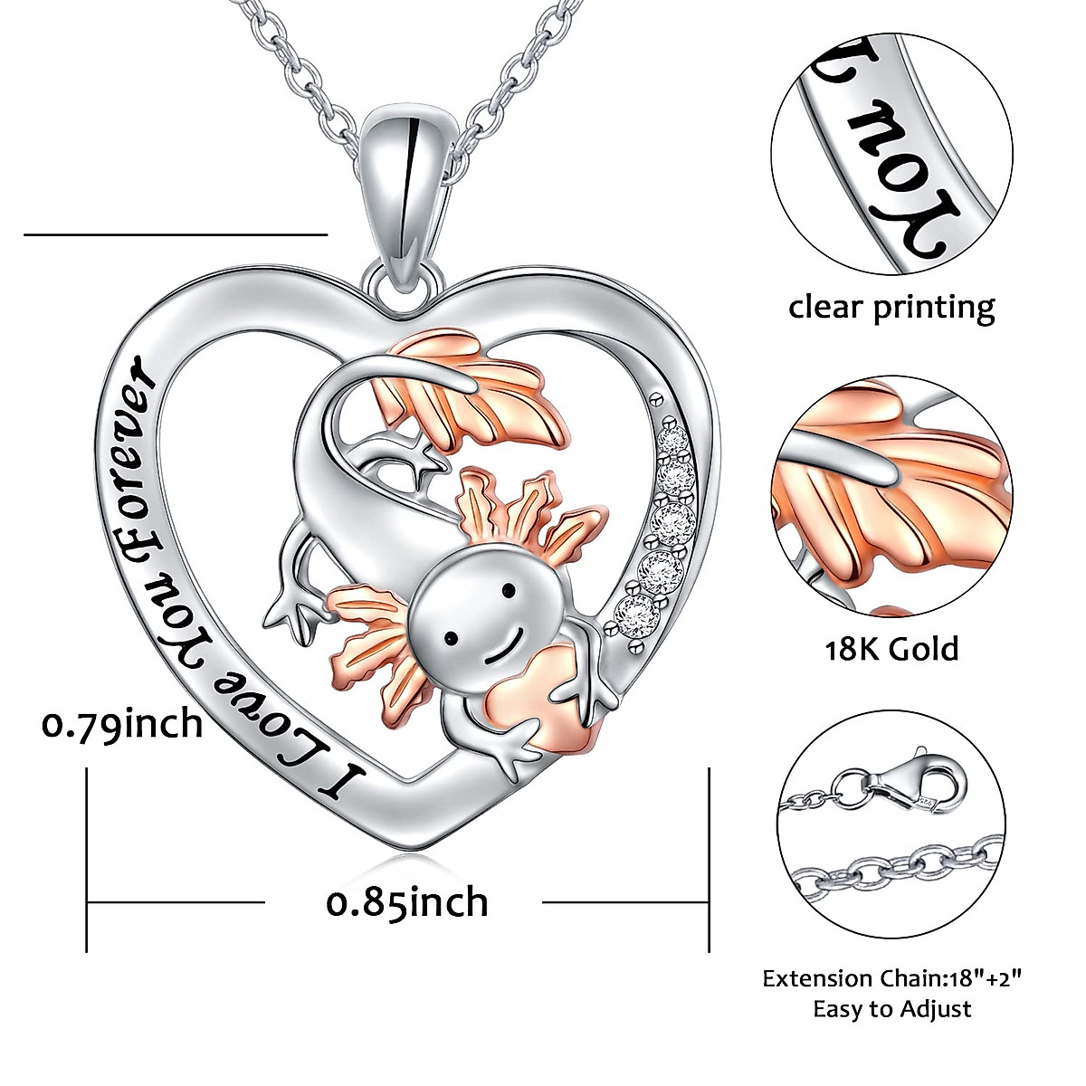 HOOHWE Axolotl Gifts 925 Sterling Silver Axolotl Pendant Necklace Heart Axolotl Jewelry for Women
