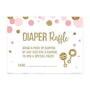 Andaz Press Blush Pink Gold Glitter Girl Baby Shower Party Collection, Games, Activities, Decorations, Diaper Raffle Cards, 30-pack