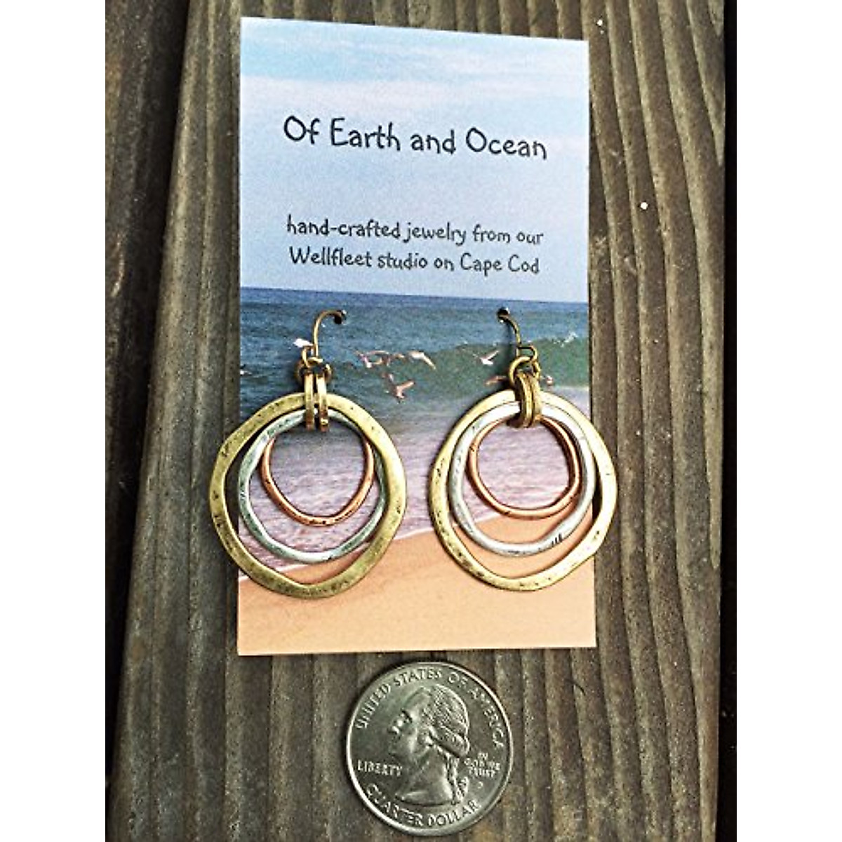 Handmade Sunrise Tricolor Dangle Earrings - Burnished Circles, Copper, Brass and Silverplated