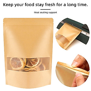 100 Pcs Kraft Stand Up Pouches - 5.5 x 7.9 Inch Resealable Zip Lock Food Storage Bags with Matte Window for Packaging