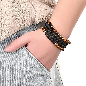 FASHEWELRY Mala Yoga Men Bracelet Making Kit - 220pcs Natural Gemstone Lava Rock Tiger Eye Beads Healing Crystal Chakra Stone Beads with Black Nylon String for Essential Oil Diffuser Jewelry Making