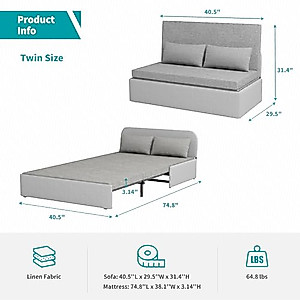 BALUS Convertible Pull Out Linen Sofa Bed, Modern Reversible Sleeper Sofa Couch for Living Room/Apartment/Loft,2 Pilliows &Matress (Grey, Twin)