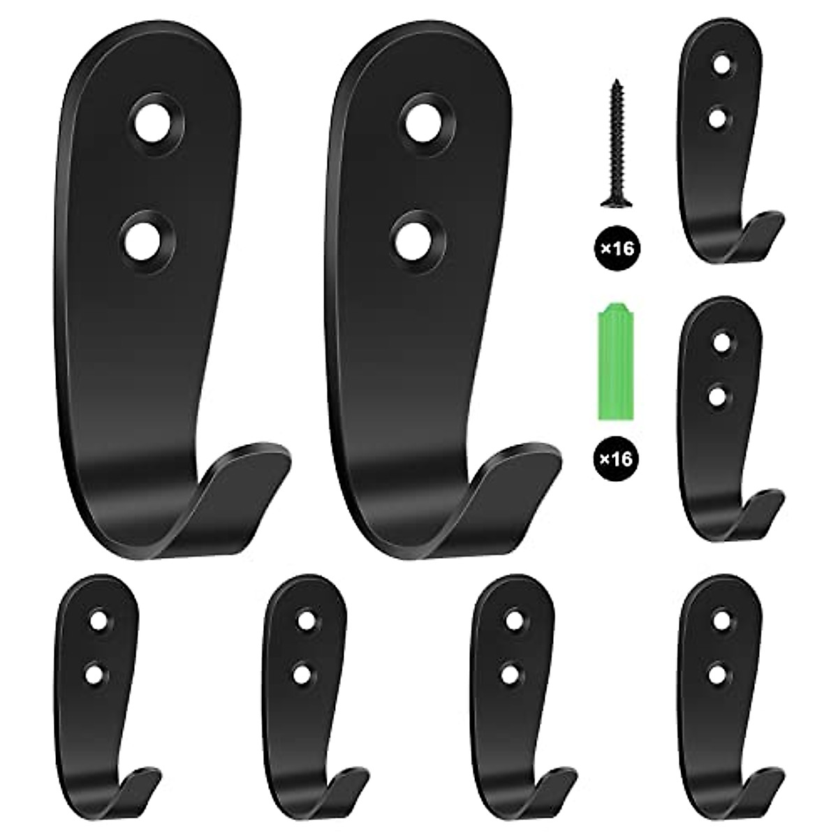 Diesisa Black Coat Hooks Wall Hook, Hooks for Hanging Coats Heavy Duty Wall Mount Hooks with Screws & Anchors, for Backpack/Wall/Outdoor Towel/Clothes/Bag - 8 Pack - Black