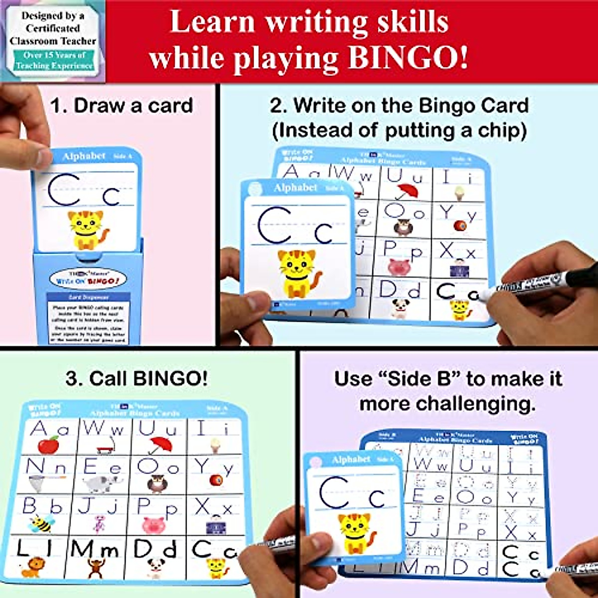 Think2Master Bingo & Flashcards. Alphabet, Numbers, Words (PreK, Kindergarten, 1st) Claim Squares By Writing On The Card. Educational Game for Families, Home School & Classrooms. Learn To Read & Write