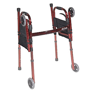 Drive Medical Deluxe Portable Folding Travel Walker with 5" Wheels and Fold up Legs, Red