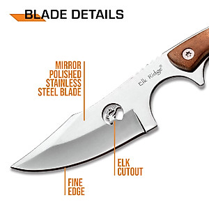 Elk Ridge - Outdoors Fixed Blade Knife - 6.75-in Overall, Mirror Finished Stainless Steel Blade, Burl Wood Handle - Full Tang Construction, 1680D Nylon Sheath - Hunting, Camping, Survival - ER-534