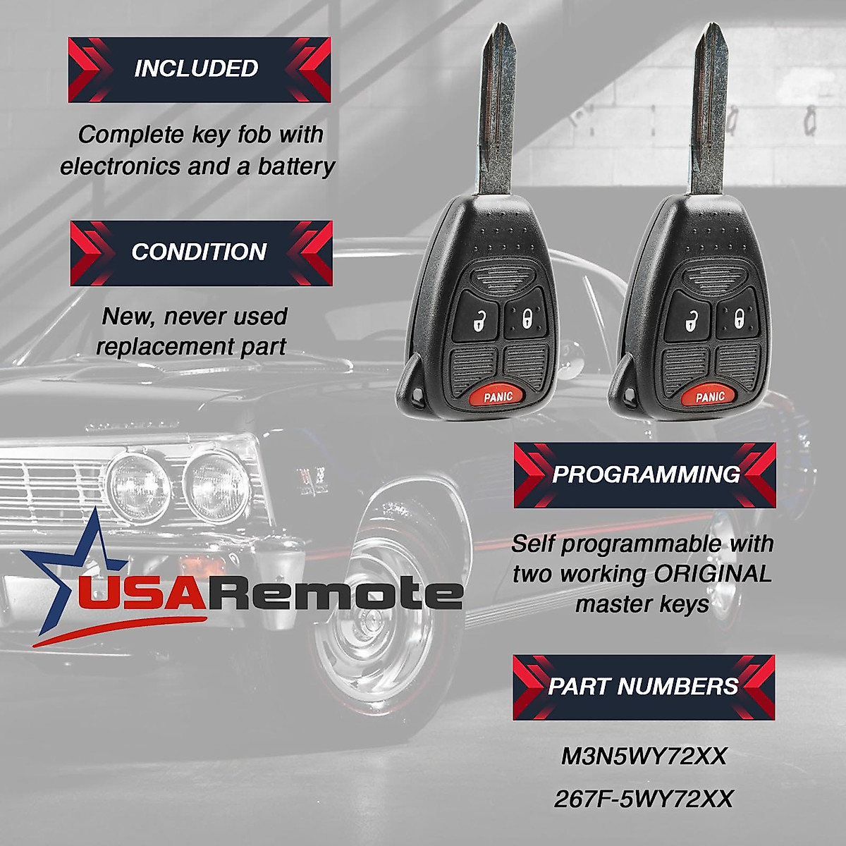 Car Key Fob Keyless Entry Remote fits Dodge Caravan and Grand Caravan / Chrysler Town Country 2004 2005 2006 2007 (M3N5WY72XX), Set of 2