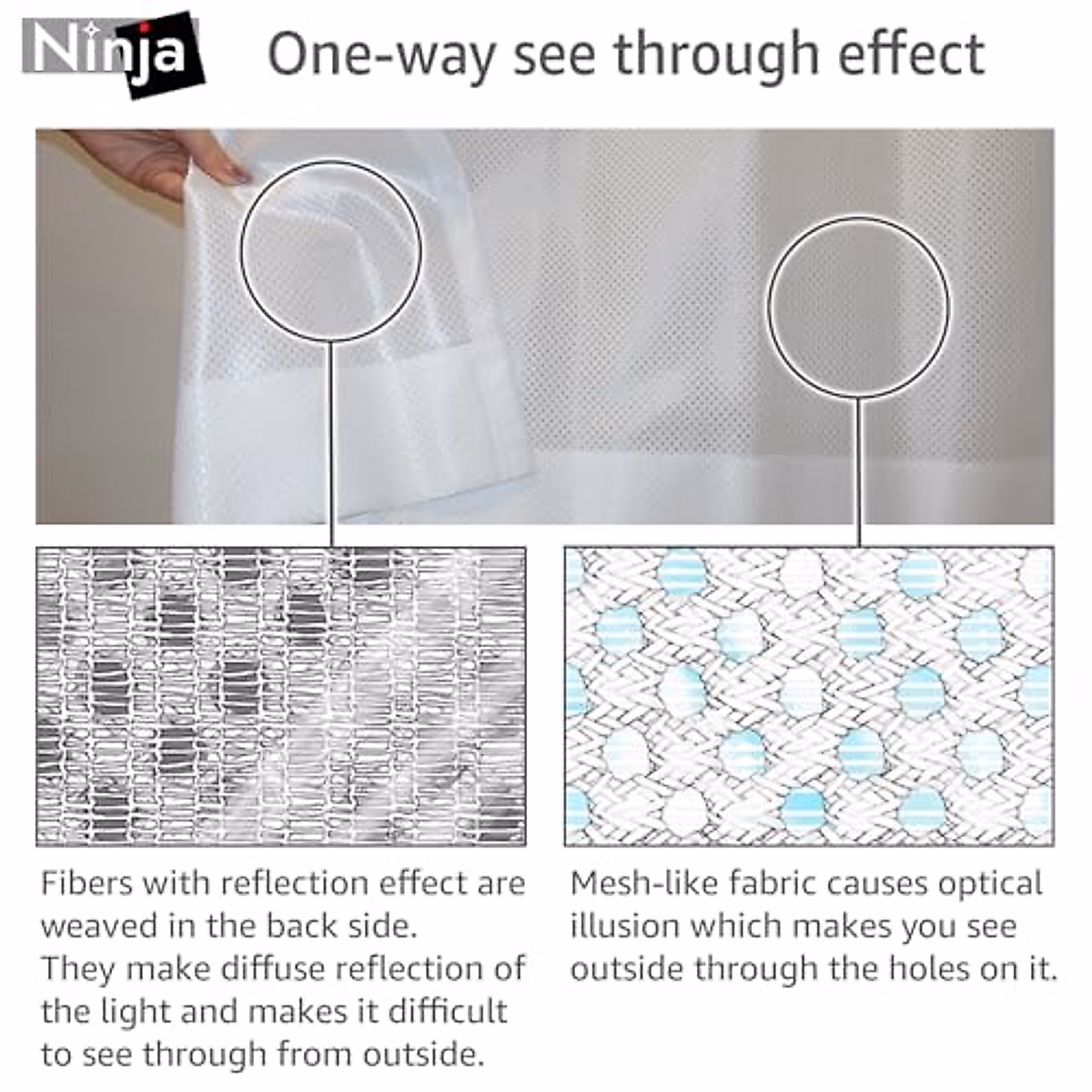 One-Way See Through Privacy Lace Curtains [Ninja], 194 Sizes, Made in Japan, Pinch Pleated 2 Panels Set, Hooks & Rings Included, Insulating, White Semi Sheer for Living Room/Bedroom, 49.2"W x 94.9"L