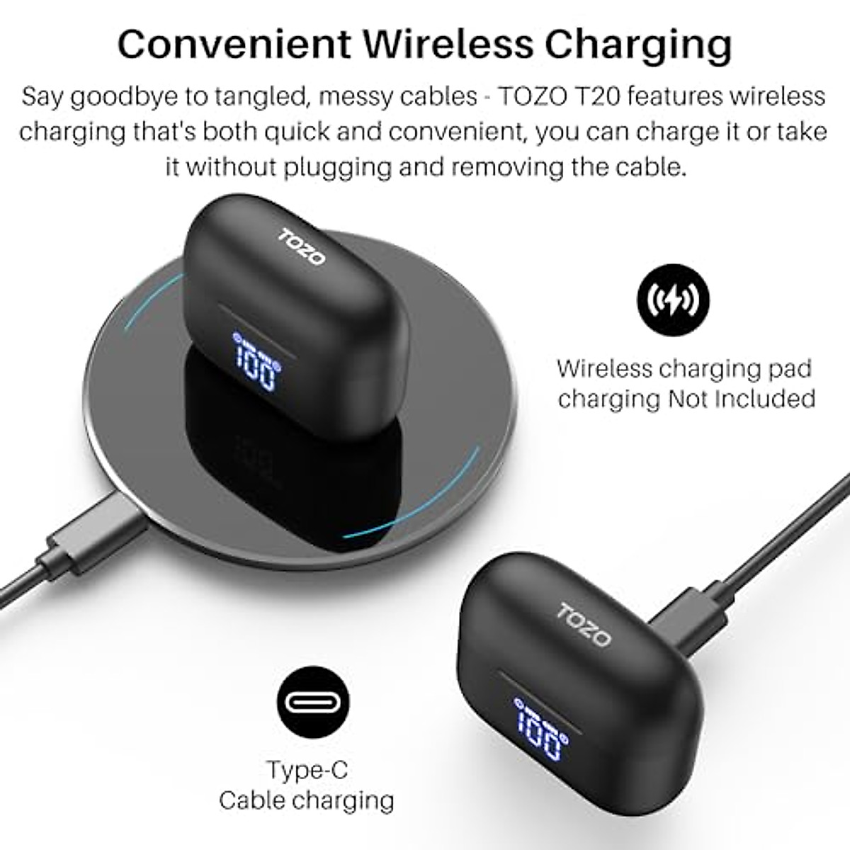 TOZO T20 Wireless Earbuds Bluetooth Headphones 48.5 Hrs Playtime, IPX8 Waterproof, Dual Mic Call Noise Cancelling with Wireless Charging Case Black