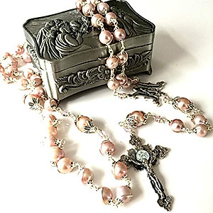 elegantmedical Handmade Wire Wraped Bali 925 Sterling Silver AAA+ 8-9mm Real Purple Pearl Beads Catholic Rosary Necklace Cross Crucifix Box