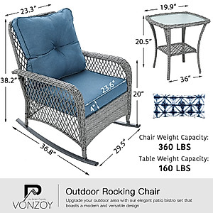 VONZOY Patio Furniture Set 3 Pieces, Wicker Rocking Bistro Set with Thick Cushions, Outdoor Rocker Chairs and Coffee Table for Porch, Backyard or Garden (Blue)