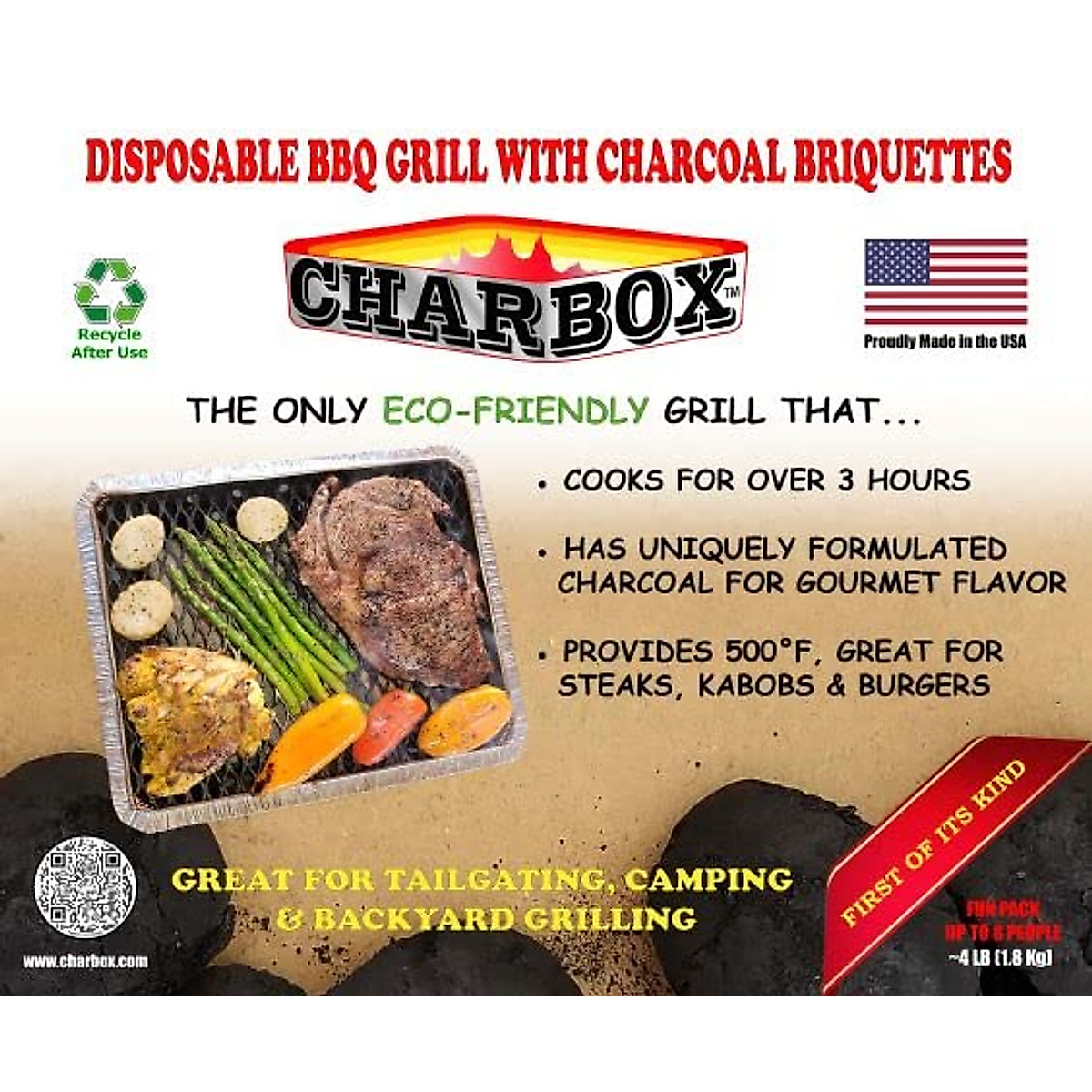 CHARBOX, Fun Pack (1-4 People) Disposable BBQ Charcoal Grill/Portable/Ready to Use/Lasts 3 Hrs!!/Recyclable/Barbecue Grill/Eco Friendly - Great for Camping,Tailgate & Backyard Parties!!!