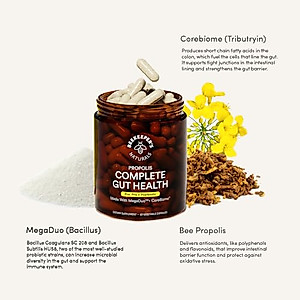 Beekeeper's Naturals Complete Gut Health, 3-in-1 Prebiotic, Postbiotic, Probiotics for Digestive Health & Bloating Relief for Women & Men, Propolis Powered, Gluten-Free Vegan Capsules, 60ct
