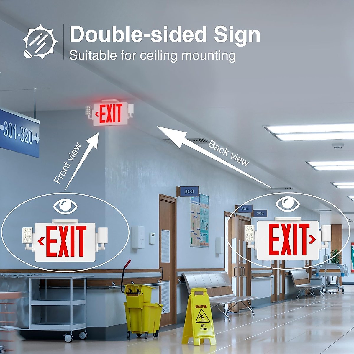 FREELICHT 6 Pack LED Double-Sided Exit Sign with Emergency Lights,Adjustable LED Emergency Exit Lights with Battery Backup，Exit Sign for Business，Hard Wired，UL Certified，AC 120/277V，