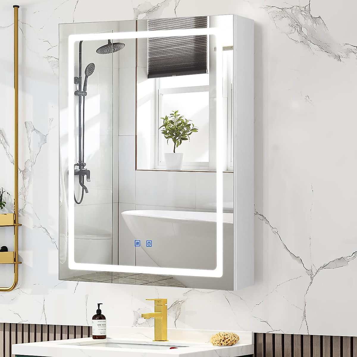 VOWNER Bathroom Medicine Cabinet with LED Lights and Mirror, Wall Mounted Mirror Cabinet with Adjustable Shelf, Defogger, Memory 3-Color Mode, Dimmer, Anti-Fog (Engineered Wood, 24"×32")