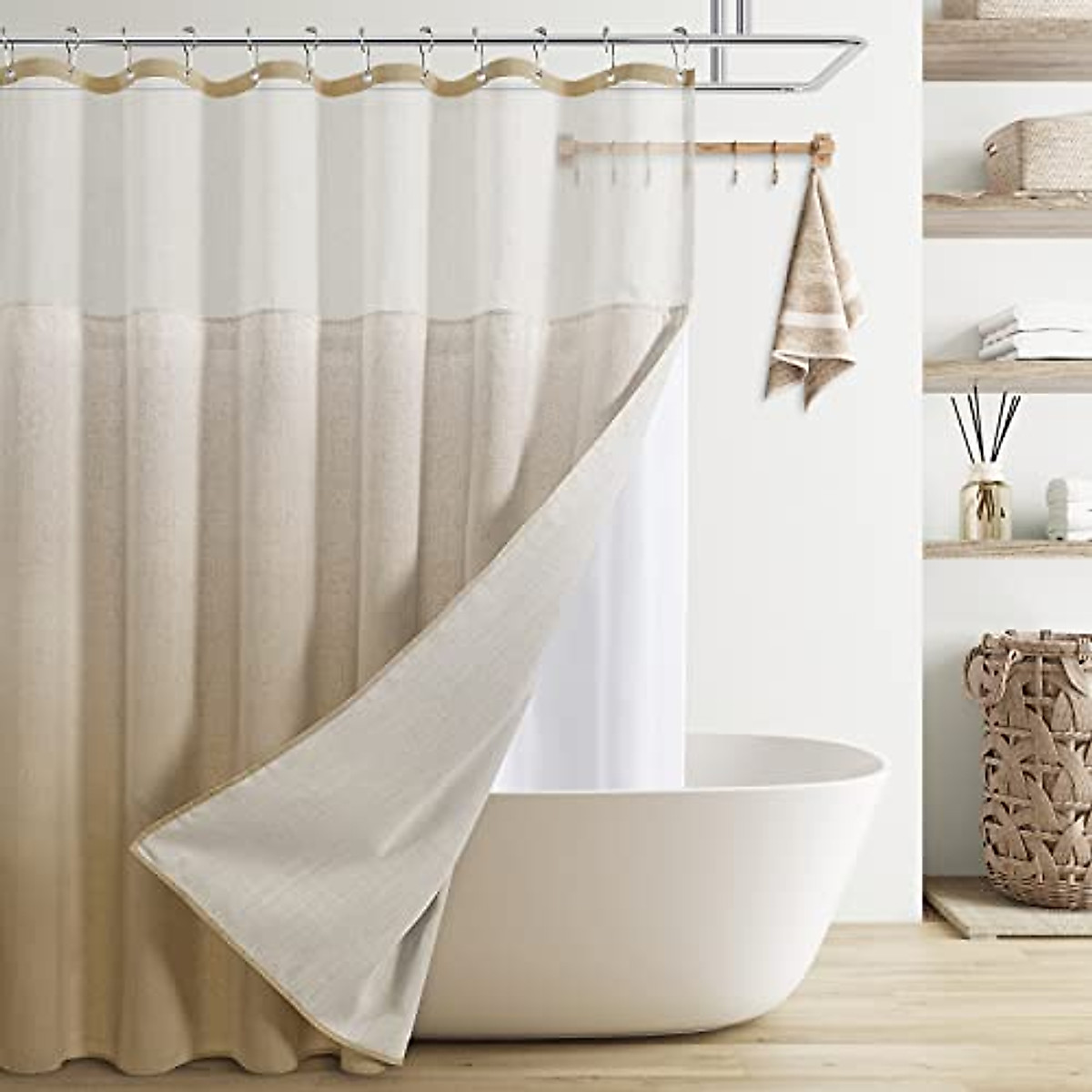 BOODII Tan Linen Shower Curtain with Snap in Liner Heavy Duty 200GSM Textured Beige Farmhouse Rustic Shower Curtain with See Through Top Window Cream Double Shower Curtain Burlap Country Style 72x72