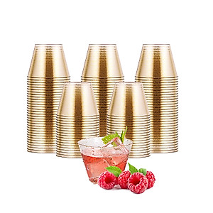 JOLLY CHEF 5 oz 100 Pack Small Glitter Disposable Cups, Glitter Plastic Cups, Disposable Plastic Shot Glasses Perfect for Parties Halloween Thanksgiving Christmas