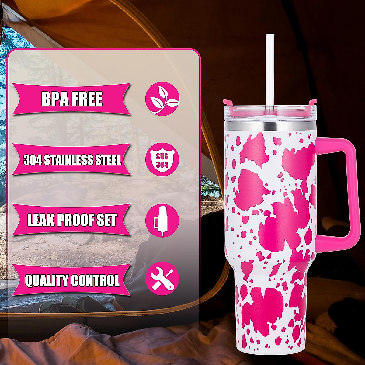 Xereizo 40 oz Tumbler with Handle and Straw, Leak Proof Stainless Steel Insulated Travel Coffee Tumbler Cups Lid and Straw, Iced for 40 Hours Cupholder Friendly Water Bottle Mug, Cow Stripe Rose Red