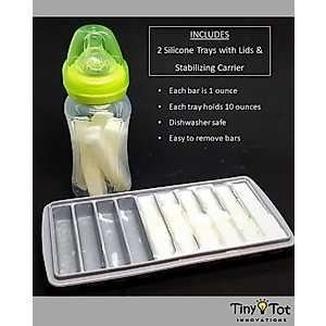 Breast Milk Freezer Storage Trays w/Carrier, 10-1oz Bars, 2 Silicone Containers w/Silicone Lids and Carrier, Food Grade Silicone