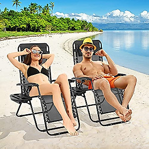 Dkeli Zero Gravity Chair, Adjustable Reclining Patio Chair with Cup Holder & Pillows Folding Lawn Chaise Outdoor Lounge Chair for Pool, Beach, Deck, Yard - Black Zero Gravity Lounge Chair