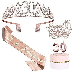 Bella Meri 30th Birthday Gifts for Women, 30th Birthday Tiara Crown, Sash, Cake Toppers,Birthday Candles, 30 Birthday Decorations Women