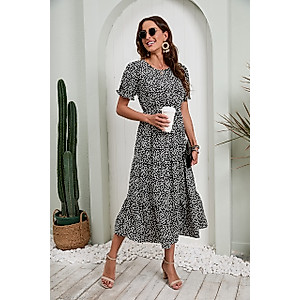 GRECERELLE Women Dress, Summer Casual Loose Crew Neck Boho, Leopard Dot Ruffle Puff Sleeve, High Waist Midi Beach Dress