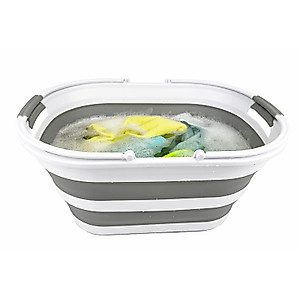 SAMMART 38L (10 Gallons) Collapsible Plastic Laundry Basket - Foldable Storage Container/Organizer - Portable Washing Tub - Space Saving Laundry Hamper (White/Grey)