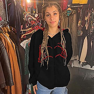 NUFIWI Vintage Zip Up Hoodies for Women Rhinestone Graphic Oversized Sweatshirts Aesthetic Pullover Jackets Gothic Streetwear(Gesture Black Heart,L)