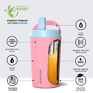 Hydrapeak Junior 14oz Insulated Kids Water Bottle with Straw Lid - Stainless Steel Double Walled and Leak-Proof Insulated Kids Water Bottle for School (Bubblegum/Cloud)