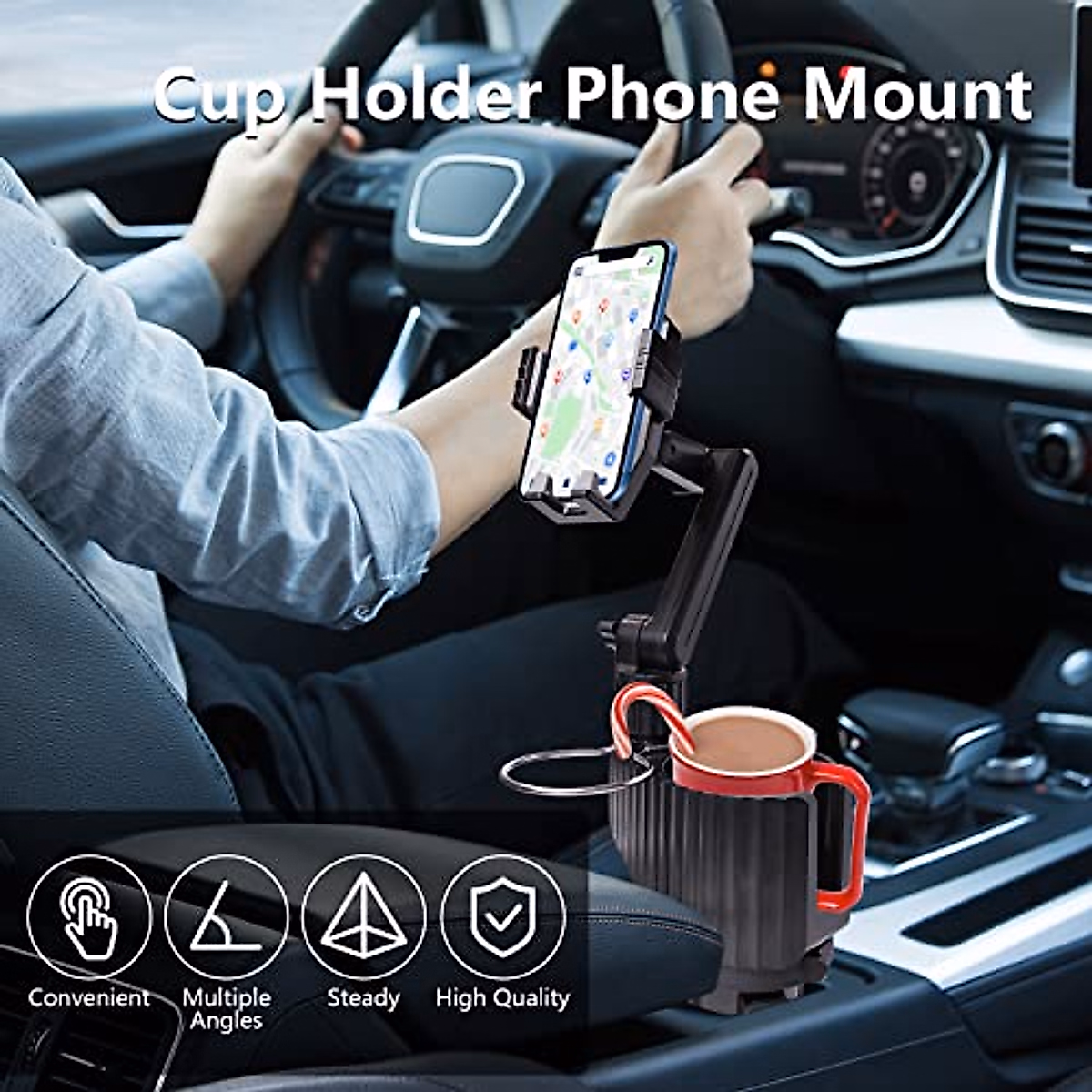 AQTZGOS Car Cup Holder Phone Mount ,2 in 1 Adjustable Cup Holder Extender Adjustable Base with 360° Rotation, Cup Phone Holder for All Smartphones