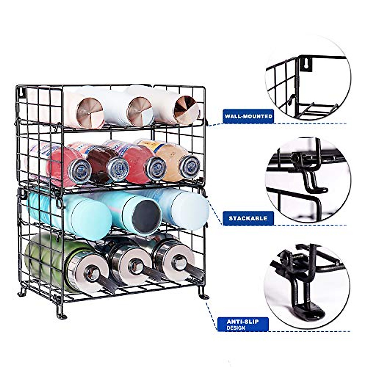 X-cosrack Adjustable Water Bottle Organizer,4-Tier Wall-Mounted Water Bottle Holder, Stackable Water Bottle Storage Rack for Kitchen Countertops,Pantry, Cabinet,Black(Patent No.: US D950,280 S)