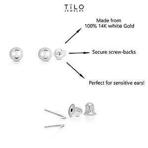 14k White Gold Ball Stud Earrings with Secure Screw-backs (3mm)
