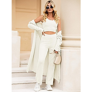TOLENY Women Fuzzy 3 Piece Lounge Sets Open Front Cardigan Crop Top Wide Leg Pants Sweatsuit Outfits White XL