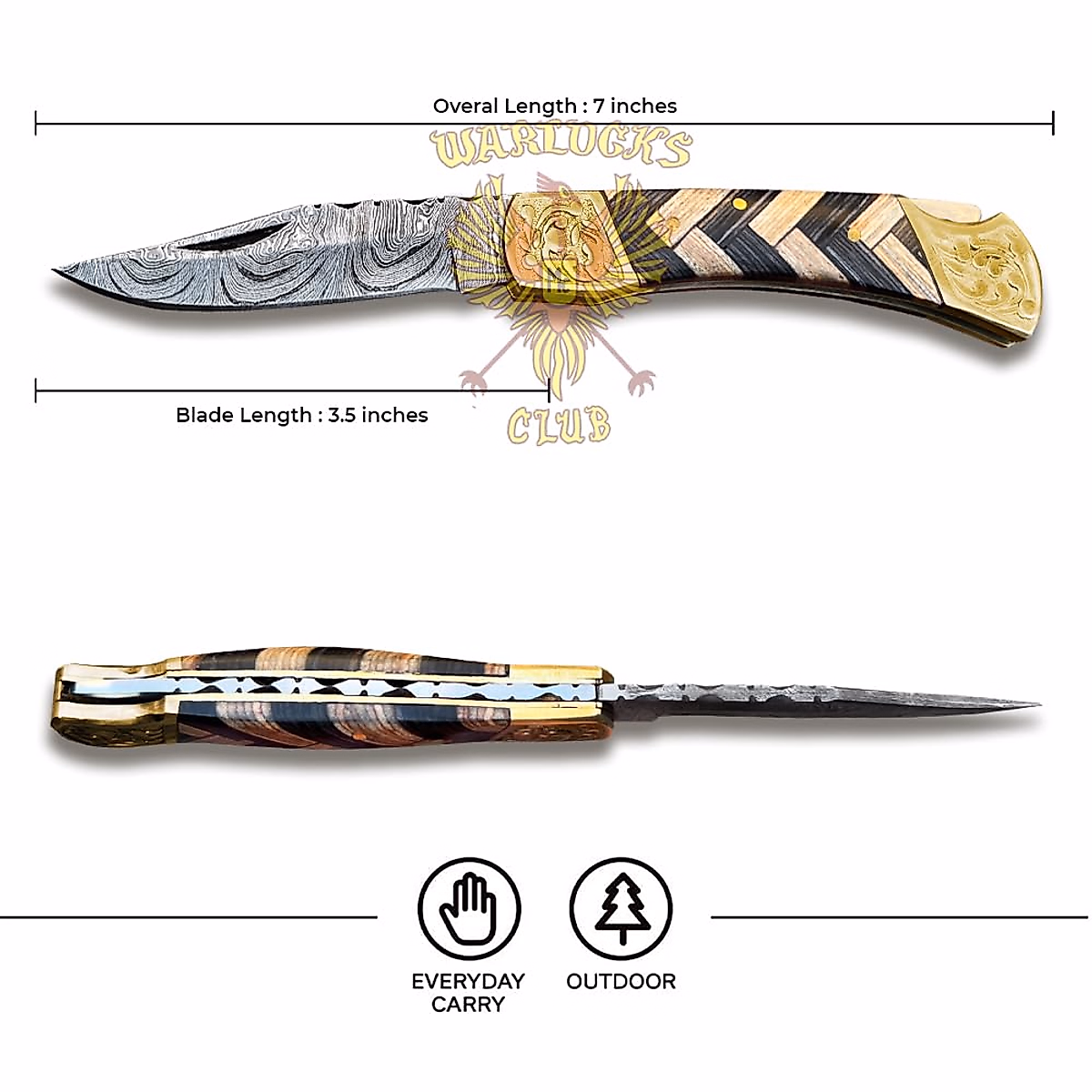 WARLOCKS CLUB Handmade Damascus Pocket Knife with Sheath, 7" Folding Hunting Knife with Wood Handle, Small Camping Knife for Outdoor