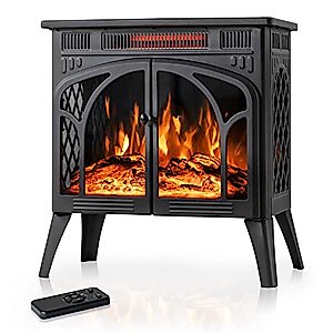 Electactic 24Inch Electric Fireplace Stove , Free-Standing Infrared Fireplace Stove, Controllable 3D Flame, 4 Variable Flame&Log Colors, 1500w, 5100BTU, Black (S230B-BLACK), 23.5"L X 10.7"W X 24.3"H