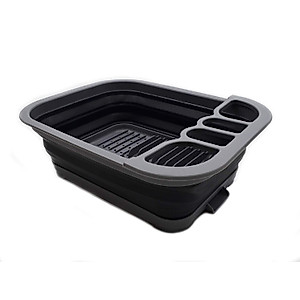 SAMMART Collapsible Dish Drainer with Drainer Board - Foldable Drying Rack Set - Portable Dinnerware Organizer - Space Saving Kitchen Storage Tray (1, Grey/Black)