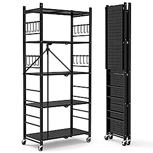 Himix Storage Shelves with 20 Hooks, 5-Tier Collapsible Organization Storage Rack Bookshelf Folding Pantry Shelves Cube Shelf Wire Shelving Holds 440 Ibs for Garage Kitchen Room