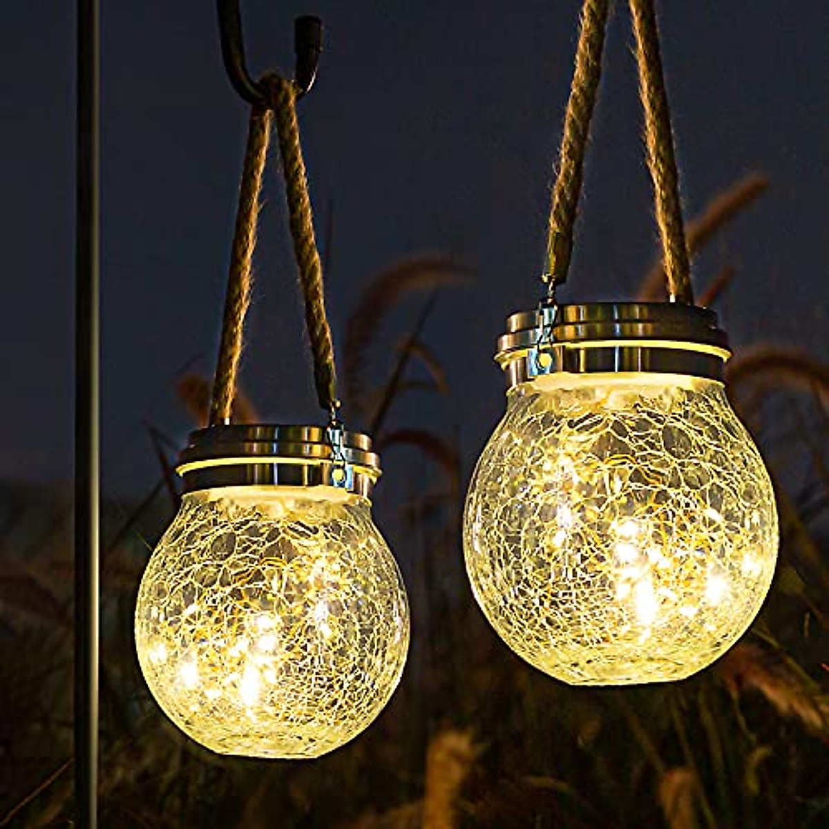 ROSHWEY Solar Lantern, 2 Pack Garden Decor Waterproof Outdoor Lanterns with 30 LED Christmas Decorations Solar Lights Patio Hanging Lights for Backyard Fence Pathway, Warm White