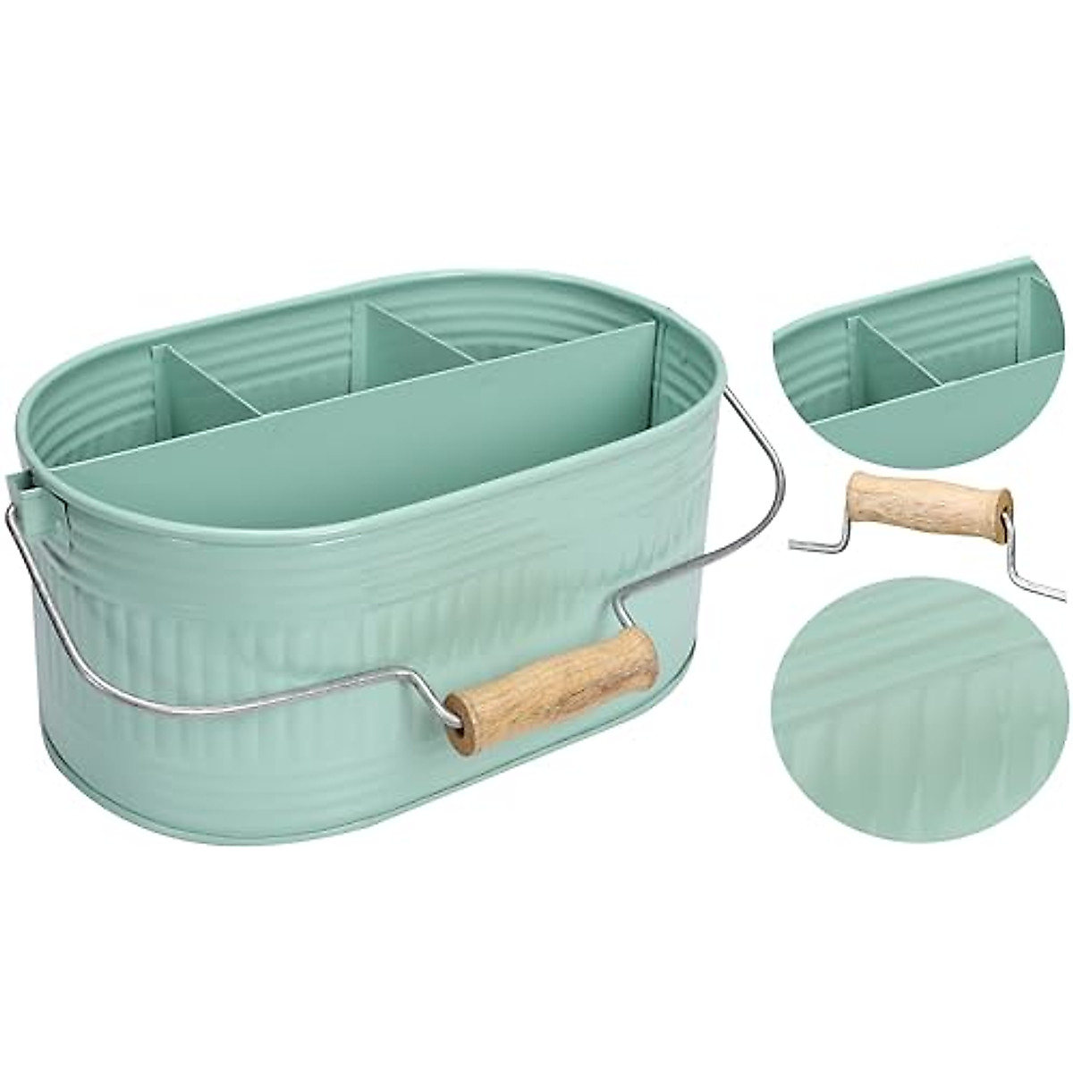Alpha Living Home Farmhouse Utensil Caddy Carry-All Serveware-Galvanized Metal Organizer for Kitchen Counter-Comfort Wooden Handle In/Outdoor Storage For Flatware,Condiments,Party Cutlery,Arts-TEAL