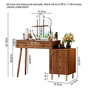 Chrangmay Stylish Corner Vanity Desk with Mirror and Lights,Small Makeup Vanity with 4 Drawers,Modern Makeup Table with Adjustable Cabinet for Bedroom,Makeup Room,Writing Desk,Brown