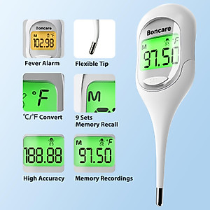 Boncare 9 Seconds Digital Basal Thermometer for Adults and Kids - Accurate Oral Thermometer with Fever Alarm, Rectal Thermometer for Baby with Large Display (Rice-White)