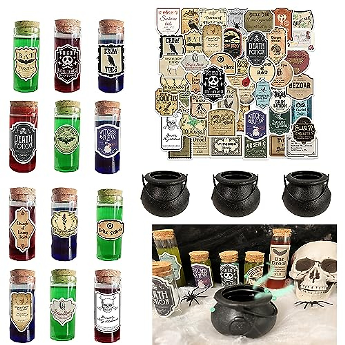 65Pcs Halloween Potion Bottles Set for Halloween Party - 12Pcs Mini Potion Vials, 50Pcs Halloween Stickers, 3Pcs Witch Cauldron - Witch Brew Halloween Party Favor, Halloween Home Kitchen Decoration