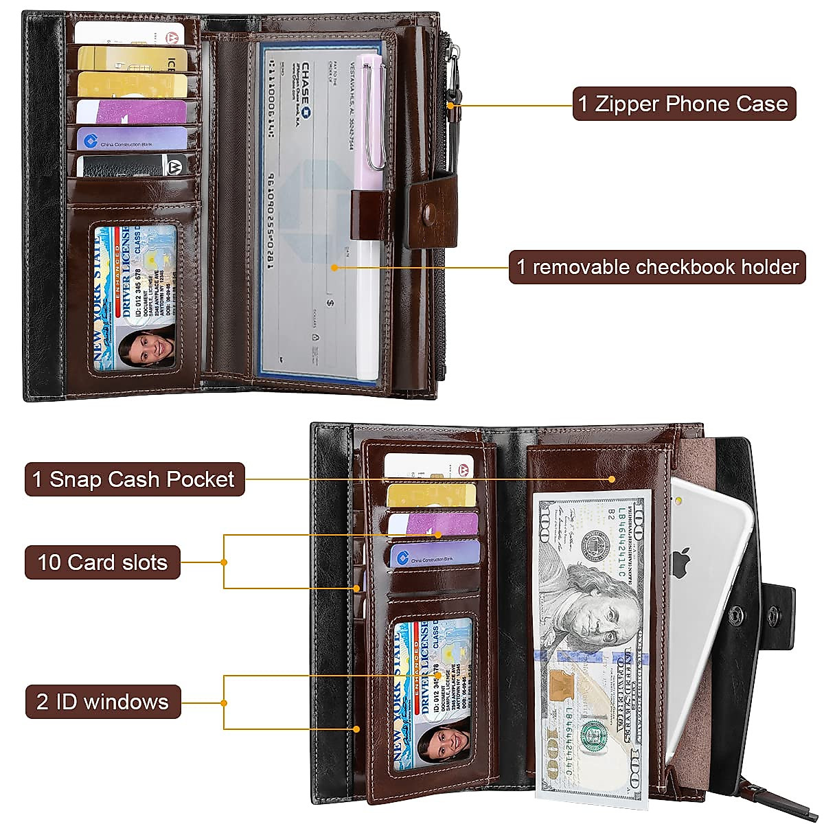 Itslife Women's Wallet Leather RFID Blocking Large Capacity Genuine Clutch Checkbook Wallet Card holder (oilcoffee)