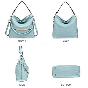 Dasein Hobo Handbags for Women Purses Vegan Leather Shoulder Bags Bucket Purse Large Tote Set with Long Strap (light blue)