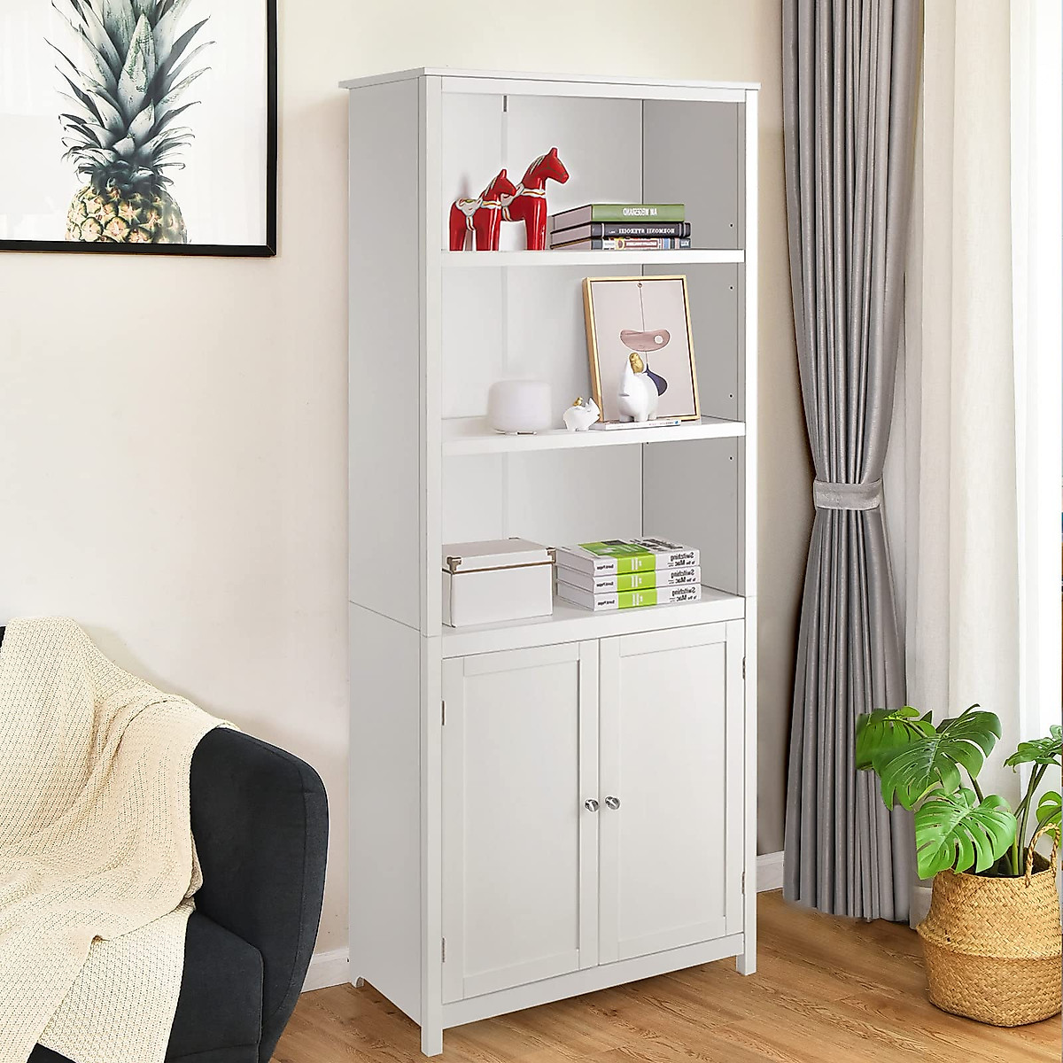 IFANNY Tall Bookshelf with Doors, 3 Shelf Bookcase with Storage Cabinet, Vertical Bookshelves and Bookcases, Modern Display Shelf, Wood Book Shelf for Bedroom, Living Room, Home Office (White)