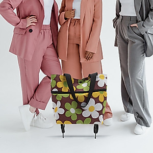 Tofficu Foldable Shopping Cart Trolley Folding Shopping Bag Portable Sunflower Pattern Bag with Wheels Collapsible Food Bag for Shopping Travel